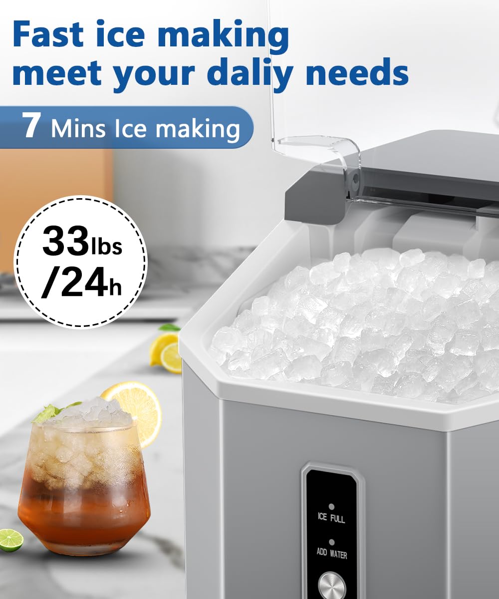 Joy Pebble Nugget Ice Maker, 10,000pcs/33lbs/Day, Portable Handheld Nugget Ice Maker Machine with Handle, Ice Makers Countertop Self-Cleaning, Ice Scoop and Basket, for Home/Office/Party, Silver