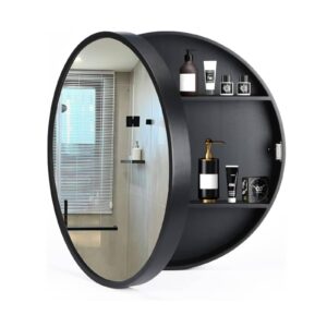 cher-bueaty medicine cabinet bathroom space saver storage round cabinets with mirror surface wall mounted solid wood circular frame 3 level (color: black, size:20 inch x 20 inch