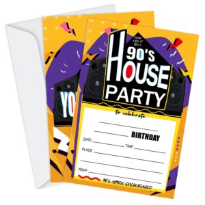 tuyashua 90's house party invitations, 90's birthday party invitations, hip hop party supplies for men or women, birthday party decorations, 20 cards with envelopes - i01