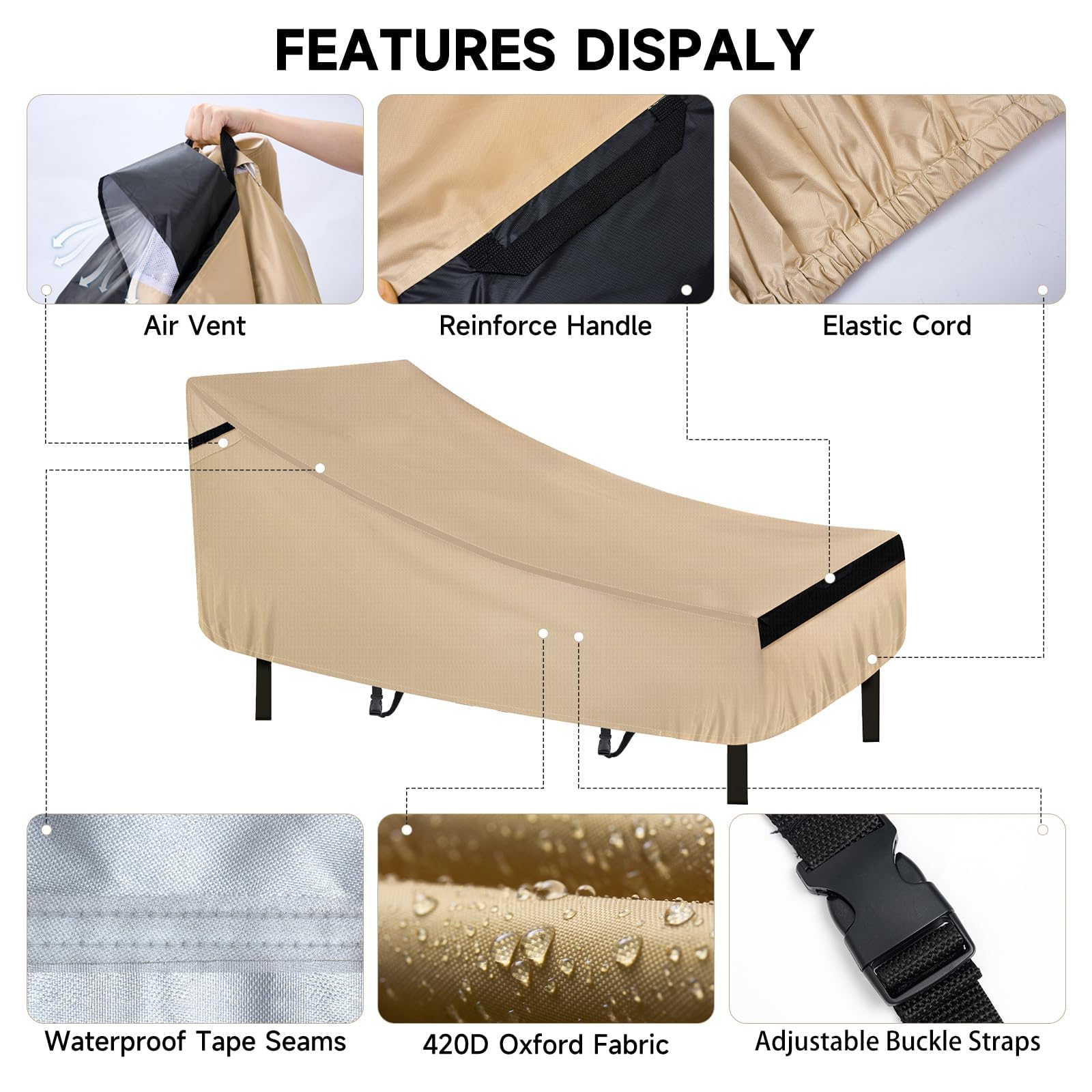 NEVERLAND Waterproof Patio Lounge Chair Cover, Outdoor Chaise Lounge Covers with Heavy Duty Material, 420D Waterproof Outdoor Chairs Cover 76L x 32W x 32H inch Golden