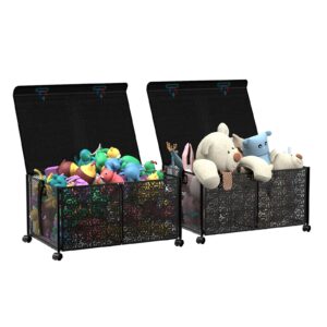 idmop large metal toy box storage,toy box chest with lid,collapsible sturdy toy storage bins with wheels,toy storage baskets with handles for nursery playroom (2 pack, black)