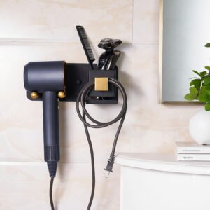 hair dryer holder, hair dryer holder wall mounted no drilling adhesive, self adhesive hair tool organizer storage blow dryer holder, bathroom organizer, hair tool toothbrush shaver organizer-black