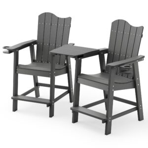 lue bona tall adirondack chairs set of 2 with removable table, hdps wave design poly adirondack bar stools with cup holder, 25.6", heavy duty outdoor bar stools for balcony, deck, backyard,dark grey