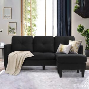 giodir convertible sectional sofa couch, l-shaped couch modern 3-seat sofa set with reversible chaise for small living room, apartment and small space (black)