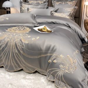 qqxx luxury embroidery duvet cover set,jacquard silk bedding set,cozy breathable microfiber comforter cover set with zipper closure and corner ties for all-seasonties(queen, gray)