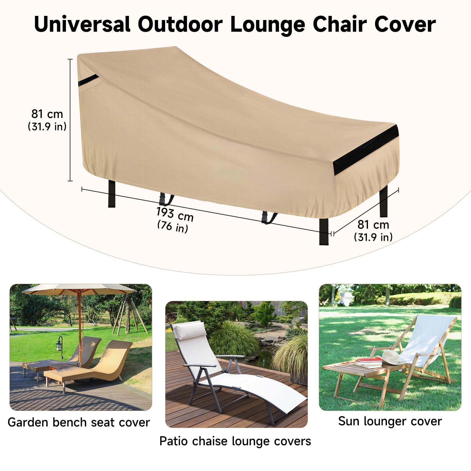 NEVERLAND Waterproof Patio Lounge Chair Cover, Outdoor Chaise Lounge Covers with Heavy Duty Material, 420D Waterproof Outdoor Chairs Cover 76L x 32W x 32H inch Golden