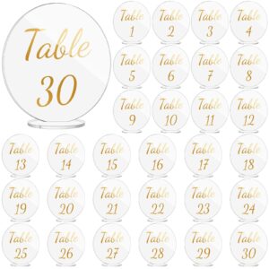 sintuff 30 pcs acrylic table numbers wedding table numbers with stands clear table numbers for wedding reception 4.72in acrylic wedding signs 1 to 30 acrylic signs and holders display stand (gold)