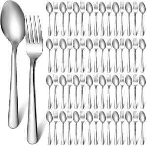 bbto 100 pcs forks and spoons silverware set bulk stainless steel flatware cutlery set kitchen utensils for home restaurant kitchen, 50 7.1" dinner fork, 50 teaspoon, mirror polished, dishwasher safe