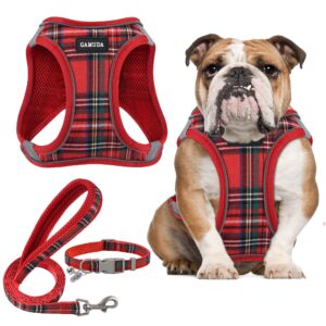 gamuda small dog harness collar and leash set, step in no chock no pull soft mesh adjustable dog vest harnesses plaid reflective for dogs puppy cats kitten rabbit (red, l)