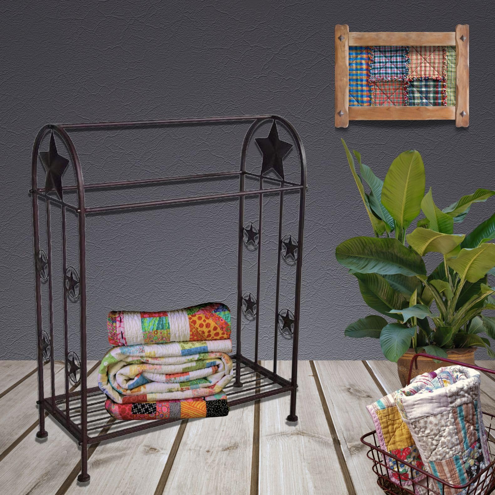 BestGiftEver Metal Free-Standing Quilt Rack in Rustic Western Style with Star