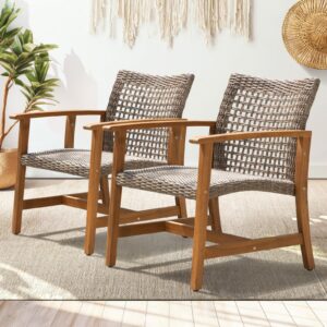 idzo liberte accent chairs set of 2, 500lbs weight support, acacia wood, fsc teak finish, uv protected, dynamic gray wicker, ideal for patios and gardens