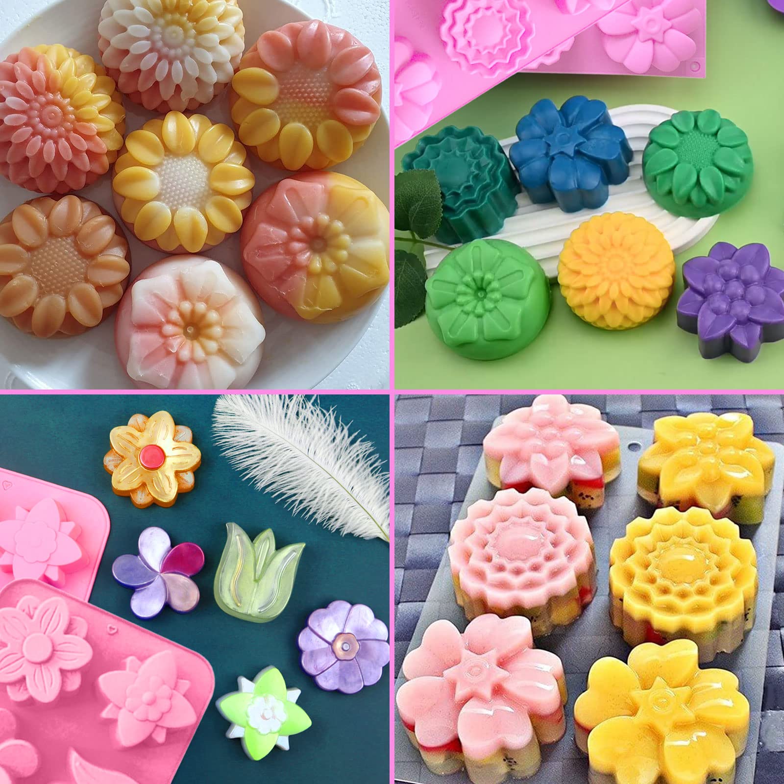 Silicone Soap Molds, Different Cavities Soap Mold with Different Shapes, Perfect for Soap Making, Handmade Cake Chocolate Desserts Biscuit Pudding Teacake Jelly （3 Pack - Flower）