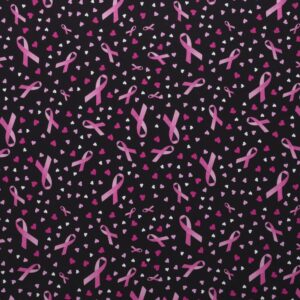 mook fabrics cotton cancer awareness ribbon hearts, black/pink cut by the yard