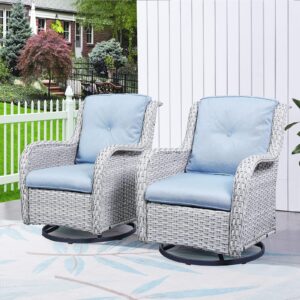 hummuh outdoor swivel rocker wicker patio chairs set of 2, rattan rocking chair furniture set(light grey,light blue)