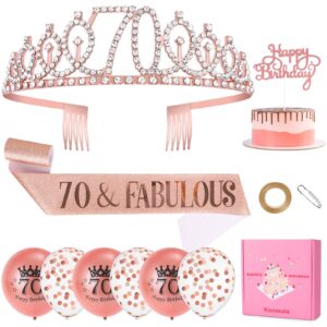 konasala 70th birthday decorations for women, including birthday sash, tiara/crown, cake topper, pearl pin and birthday balloons set, 70th birthday gifts for women rose gold