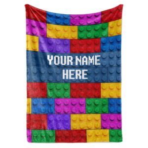 custom throw blanket for boys and girls | custom name | lego compatible | soft warm bedding | room decor or bed cover | couch blanket | creative colorful building blocks (fleece, 50x60)