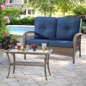 joyside patio wicker furniture set - 2 pieces patio conversation set with one love seat & one coffee table, all weather resin rattan sofa & table with olefin cushions for patio(brown/blue)