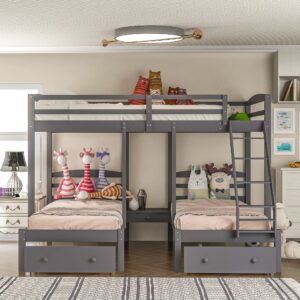 full over twin & twin bunk bed,triple bunk bed frame for boys girls kids adults toddler with drawers, gray