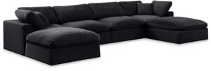 meridian furniture 189black-sec6b comfy collection modern | contemporary upholstered modular sectional, soft black velvet, down feather cushions, 158" w x 79" d x 34.5" h, black