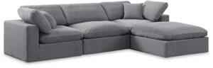 meridian furniture 189grey-sec4a comfy collection modern | contemporary upholstered modular sectional, soft grey velvet, down feather cushions, 119" w x 79" d x 34.5" h, grey