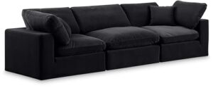 meridian furniture 189black-s119 comfy collection modern | contemporary upholstered modular sofa with soft black velvet, down feather cushions, 119" w x 40" d x 34.5" h, black