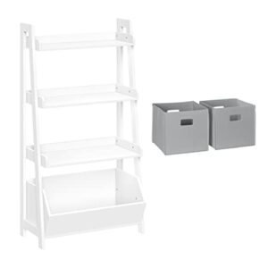 riverridge kids 4-tier ladder shelf bookcase with toy organizer bin 2 gray fabric folding bins and spacious open shelves display stand for books toys & games