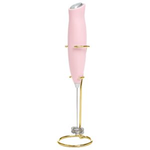 paris hilton electric handheld milk frother with double coil head whisk and gold metal stand, battery powered (2 aa batteries required but not included), pink sparkle finish