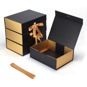 ditwis 4 pack 12x9x4 inches gift boxes with magnetic closure lids, black-gold magnetic box with ribbon for wedding, groomsmen bridesmaid proposal, birthdays, mother's day