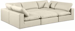 meridian furniture 188cream-sec6c comfy collection modern | contemporary upholstered modular sectional, soft cream vegan leather, fiber-filled, 119" w x 79" d x 34.5" h, cream