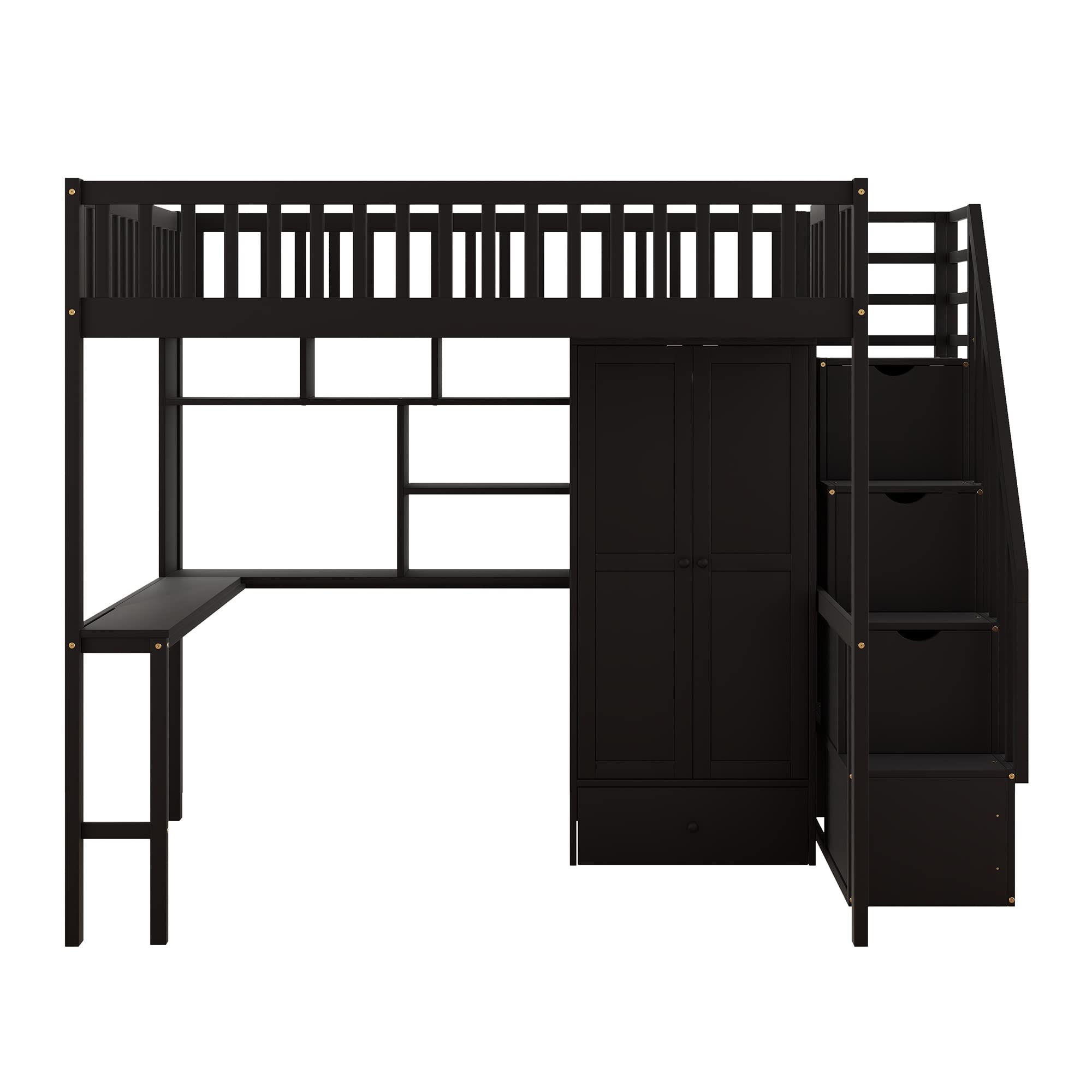 Harper & Bright Designs Full Loft Bed with Stairs and Wardrobe, Wooden Full Size Loft Bed with Desk Underneath, Loft Bed with Storage Staircase and Shelves for Girls Boys Teens,Espresso