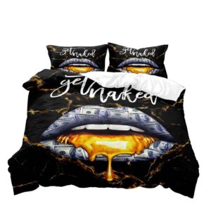 luvivihome 3pcs black duvet cover queen bedding, gold marble duvet cover, one hundred dollar bills money lips black comforter bedspread quilt cover, luxury modern bedroom decor for men, 2 pillow shams