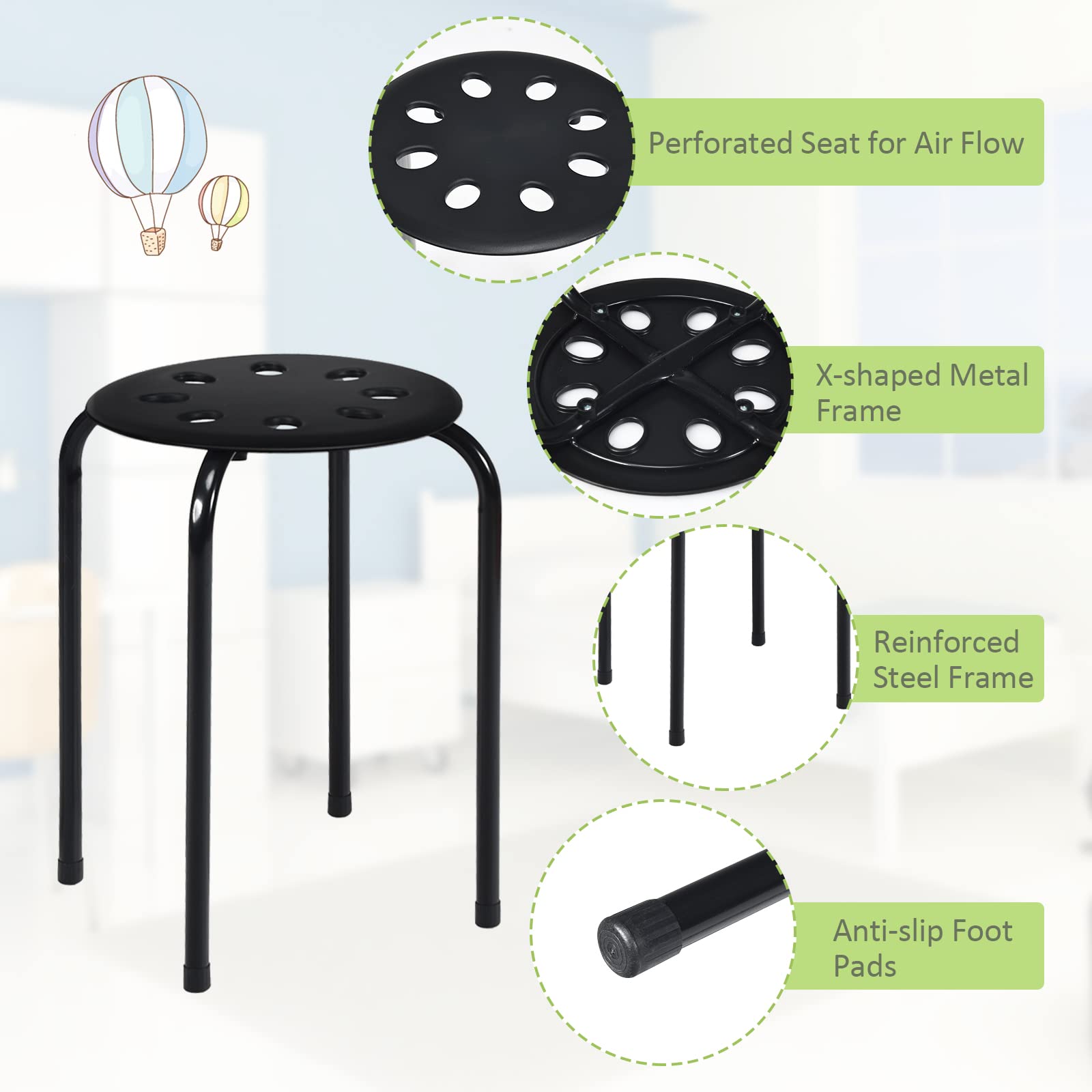 HONEY JOY 6 Pack Stackable Stool, 17.5” Kids Stacking Decoration Stool Set w/Metal Frame & Plastic Seat, Backless Round Flexible Seating for Children's Table, School, Classroom(6 Piece, Black)