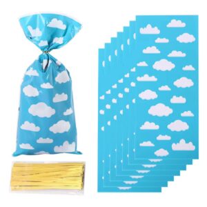 50 pieces blue sky white clouds birthday party supplies cellophane bags cartoon story gift bags with 50 silver twist ties for baby kids shower birthday party decorations