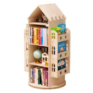 bear qiaqia rotating bookshelf, kids bookshelf, 360 display floor standing bookcase storage rack children's bookshelf, wood storage organizer for kids