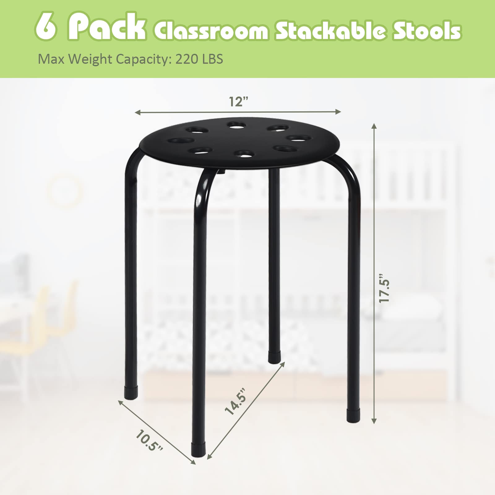 HONEY JOY 6 Pack Stackable Stool, 17.5” Kids Stacking Decoration Stool Set w/Metal Frame & Plastic Seat, Backless Round Flexible Seating for Children's Table, School, Classroom(6 Piece, Black)