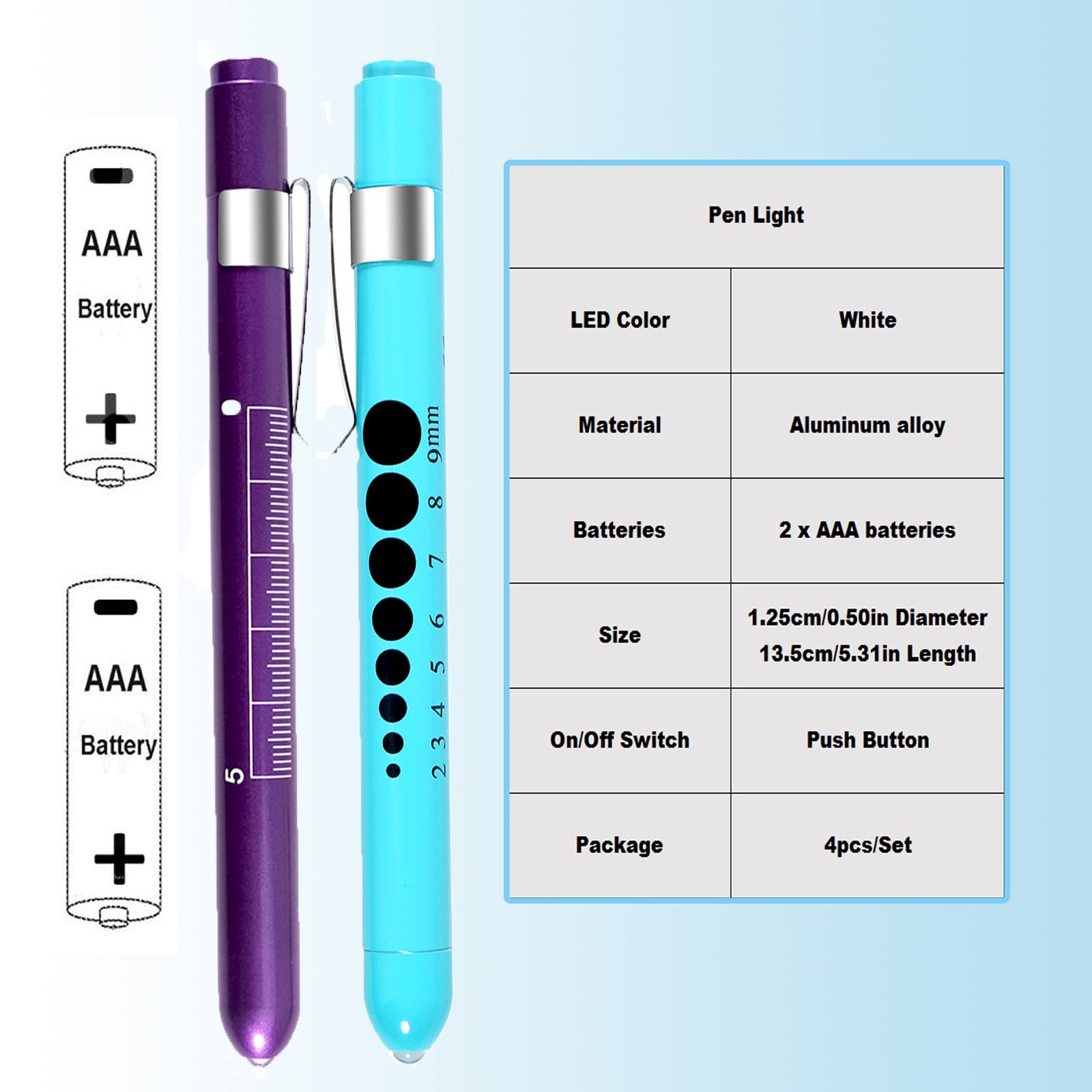 SIPYTOPF 4 Pack Pen Light,Reusable LED Penlight with Pupil Gauge and Ruler,White Light Torch for Nurses Doctors Students (Sky Blue+Pink+Black+Purple)