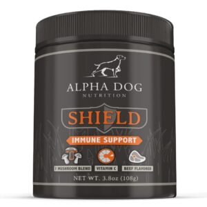 shield allergy immune support supplement for dogs by alpha dog nutrition - 7 nutritional mushroom powder complex + vitamin c to boost immunity - up to 120 servings for small breed dogs, 108g