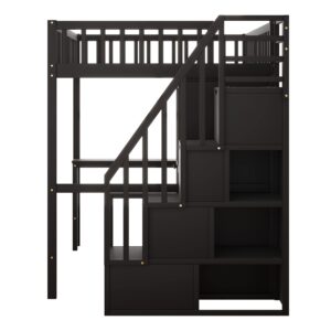 Harper & Bright Designs Full Loft Bed with Stairs and Wardrobe, Wooden Full Size Loft Bed with Desk Underneath, Loft Bed with Storage Staircase and Shelves for Girls Boys Teens,Espresso