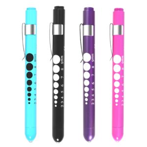 sipytopf 4 pack pen light,reusable led penlight with pupil gauge and ruler,white light torch for nurses doctors students (sky blue+pink+black+purple)