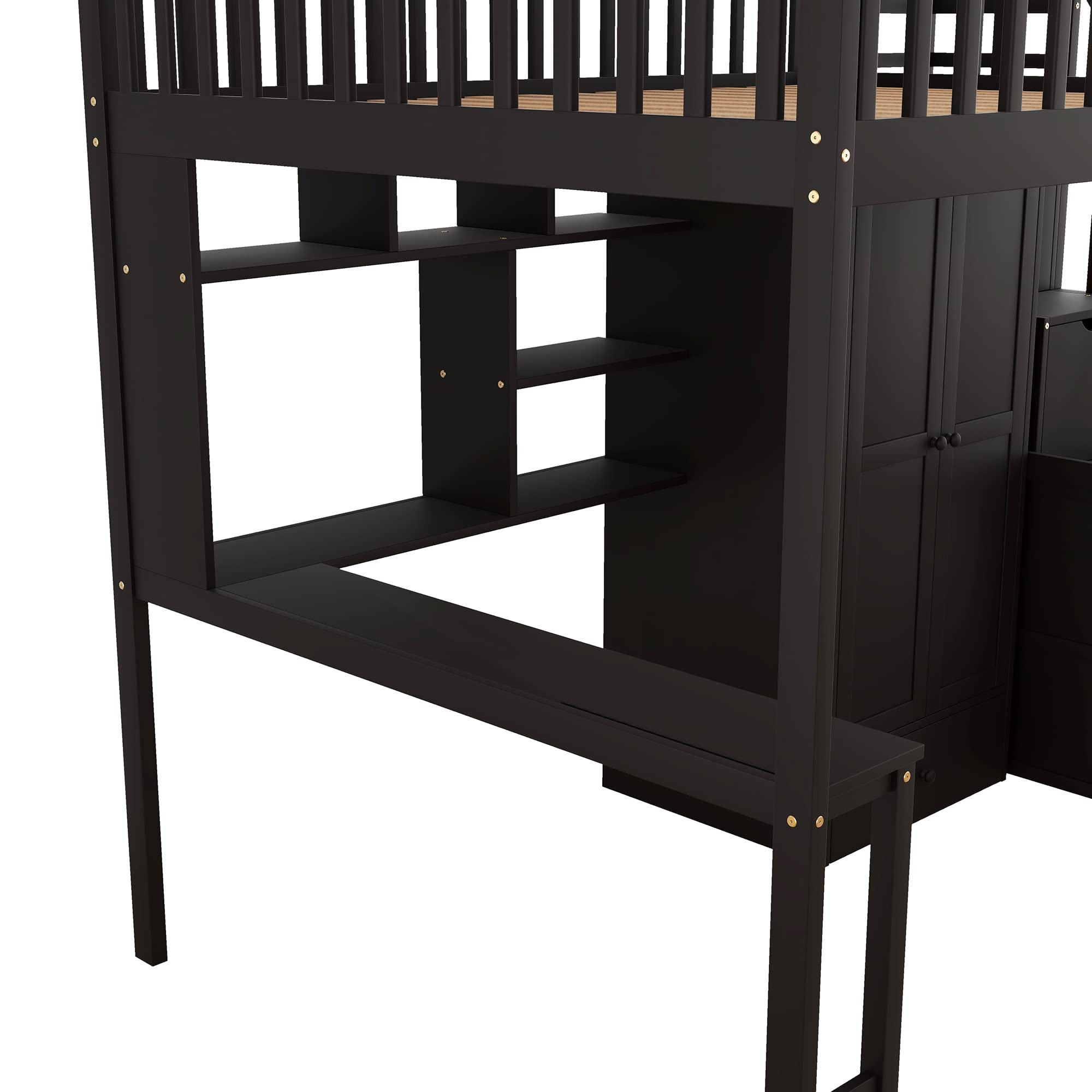 Harper & Bright Designs Full Loft Bed with Stairs and Wardrobe, Wooden Full Size Loft Bed with Desk Underneath, Loft Bed with Storage Staircase and Shelves for Girls Boys Teens,Espresso