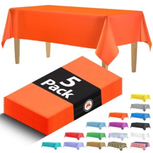 5 pack premium orange plastic tablecloth - 108 x 54 in. disposable rectangle plastic table cloth - decorative rectangle table cover smooth tablecloth - disposable table cloths for parties, weddings.