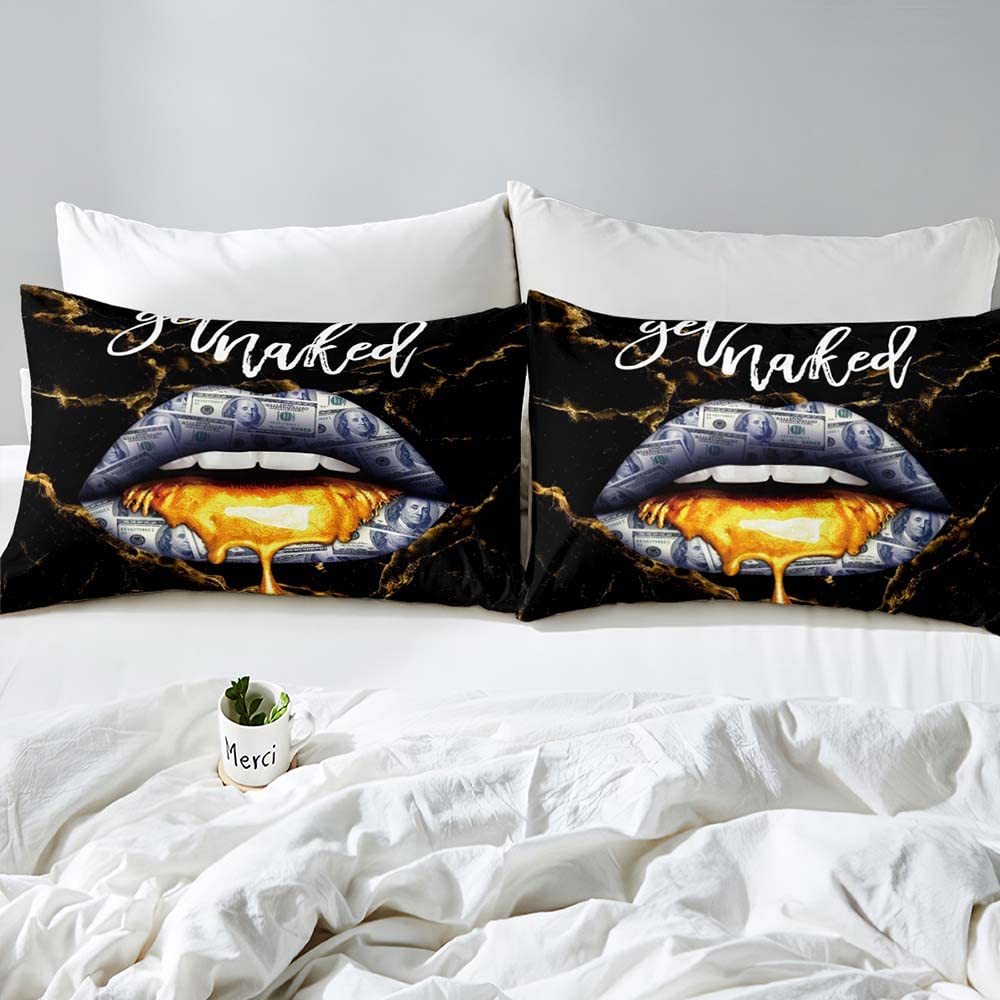 LUVIVIHOME 3PCS Black Duvet Cover Queen Bedding, Gold Marble Duvet Cover, One Hundred Dollar Bills Money Lips Black Comforter Bedspread Quilt Cover, Luxury Modern Bedroom Decor for Men, 2 Pillow Shams