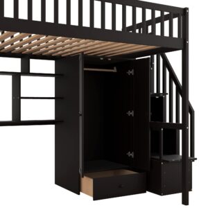 Harper & Bright Designs Full Loft Bed with Stairs and Wardrobe, Wooden Full Size Loft Bed with Desk Underneath, Loft Bed with Storage Staircase and Shelves for Girls Boys Teens,Espresso