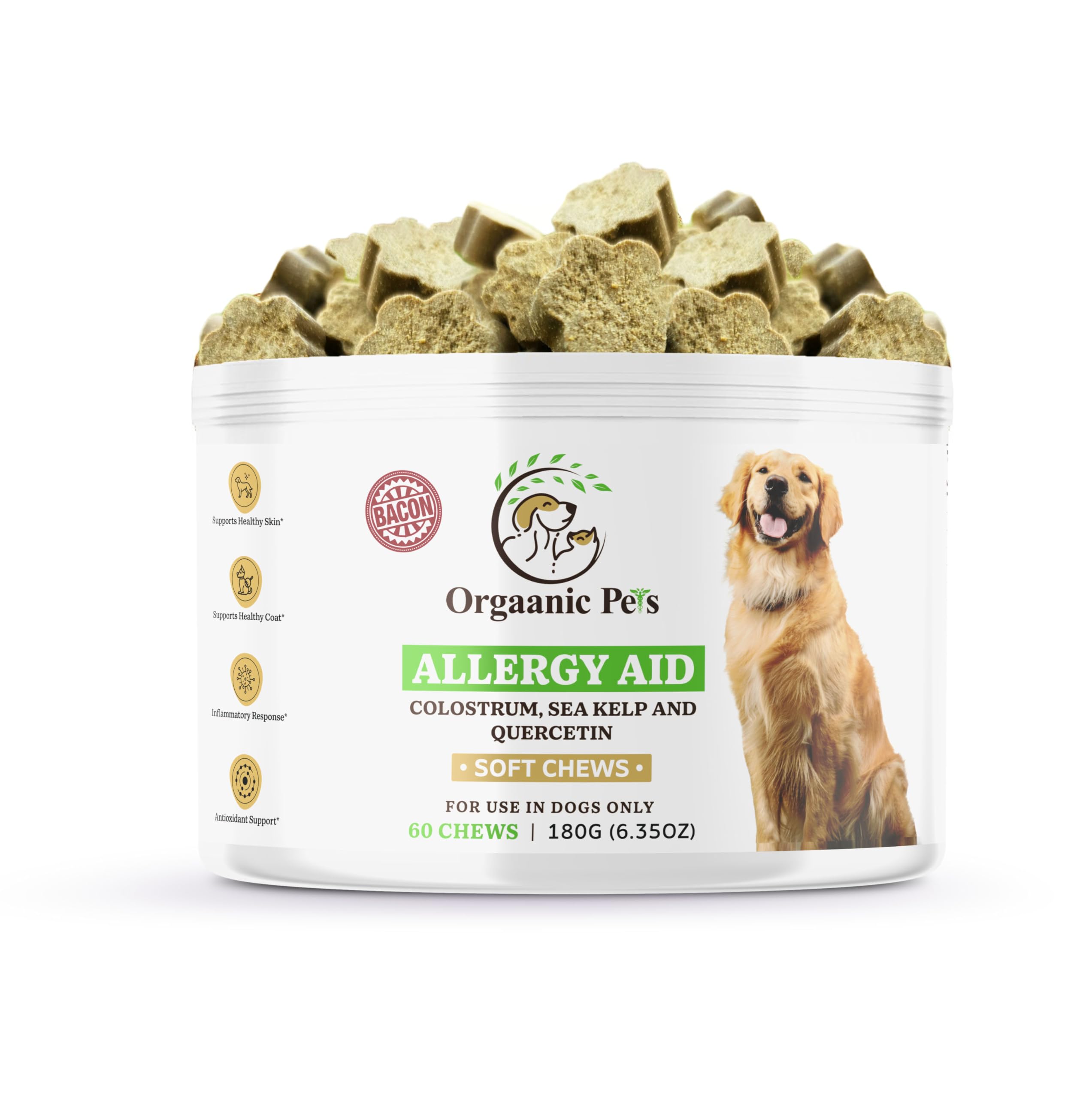 Herbal Dog Allergy Relief with SEA KELP - Colostrum - QUERCETIN - Mushrooms - Omega + 11 Natural Allergy Relief Herbs - Soft Chews for Skin & Seasonal Allergies