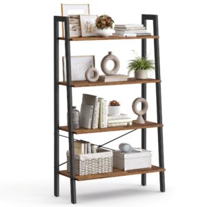 vasagle ladder shelf, 4-tier bookshelf, storage rack, bookcase with steel frame, for living room, home office, kitchen, bedroom, industrial style, rustic brown and black ulls144b01