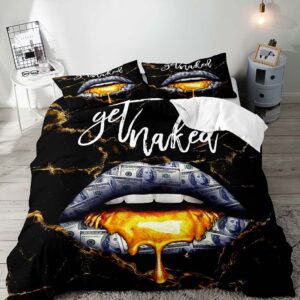 LUVIVIHOME 3PCS Black Duvet Cover Queen Bedding, Gold Marble Duvet Cover, One Hundred Dollar Bills Money Lips Black Comforter Bedspread Quilt Cover, Luxury Modern Bedroom Decor for Men, 2 Pillow Shams