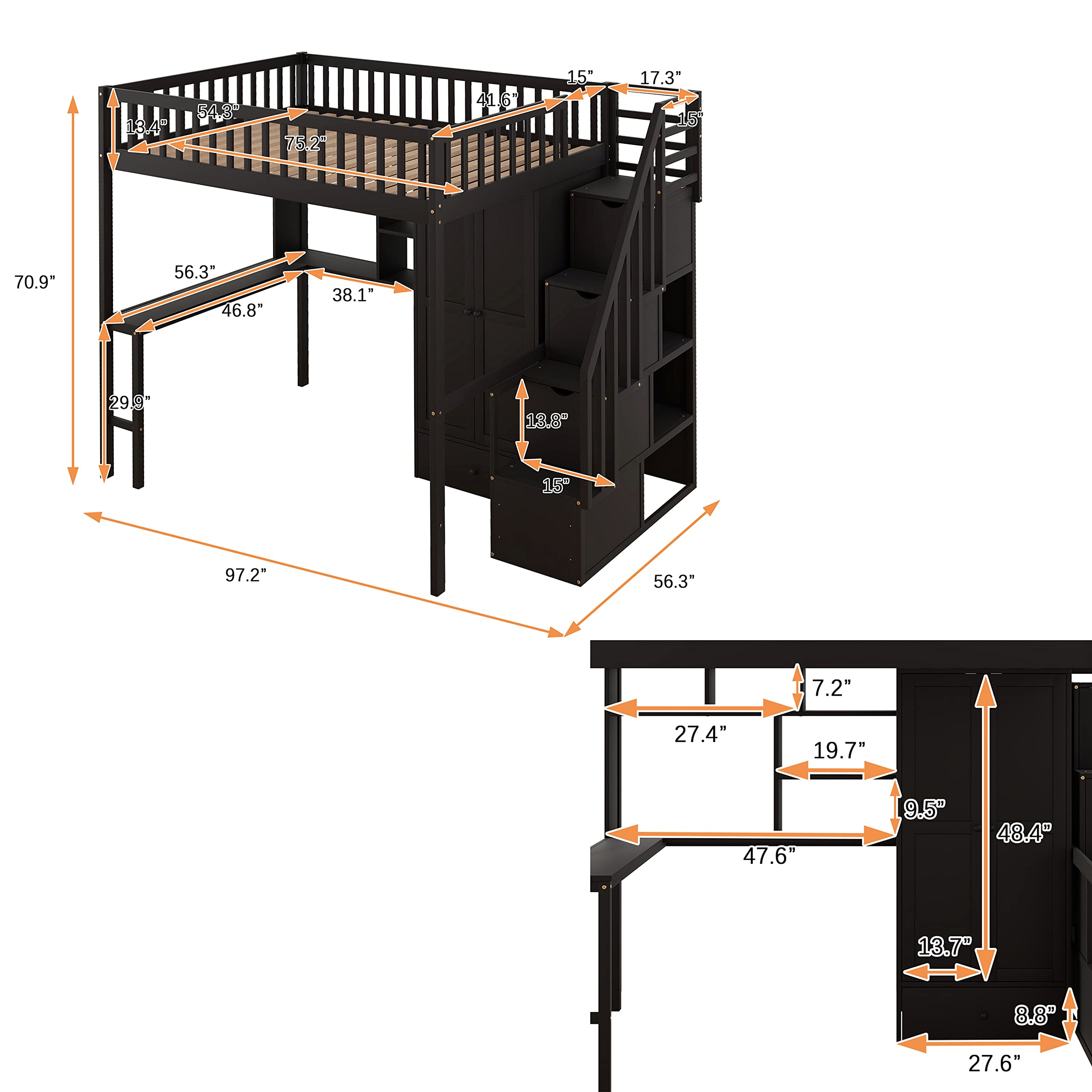 Harper & Bright Designs Full Loft Bed with Stairs and Wardrobe, Wooden Full Size Loft Bed with Desk Underneath, Loft Bed with Storage Staircase and Shelves for Girls Boys Teens,Espresso