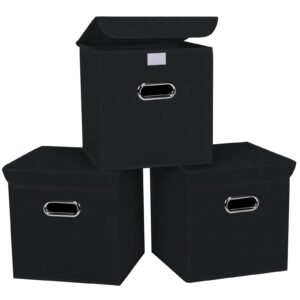 storeone foldable storage bins cubes storage organizer with lid,fabric cube storage box with handle,for home bedroom office,closet, clothes, toys,3 pack,（black