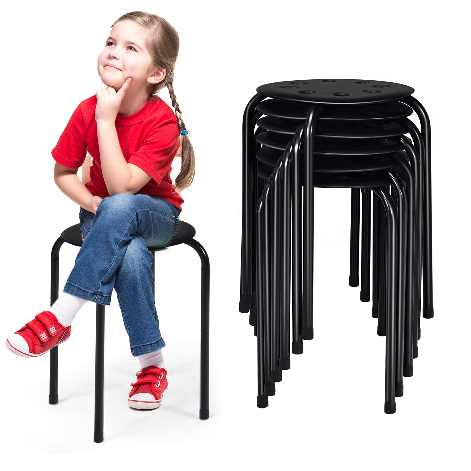 HONEY JOY 6 Pack Stackable Stool, 17.5” Kids Stacking Decoration Stool Set w/Metal Frame & Plastic Seat, Backless Round Flexible Seating for Children's Table, School, Classroom(6 Piece, Black)