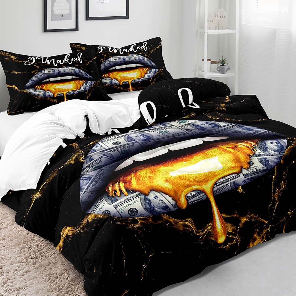 LUVIVIHOME 3PCS Black Duvet Cover Queen Bedding, Gold Marble Duvet Cover, One Hundred Dollar Bills Money Lips Black Comforter Bedspread Quilt Cover, Luxury Modern Bedroom Decor for Men, 2 Pillow Shams